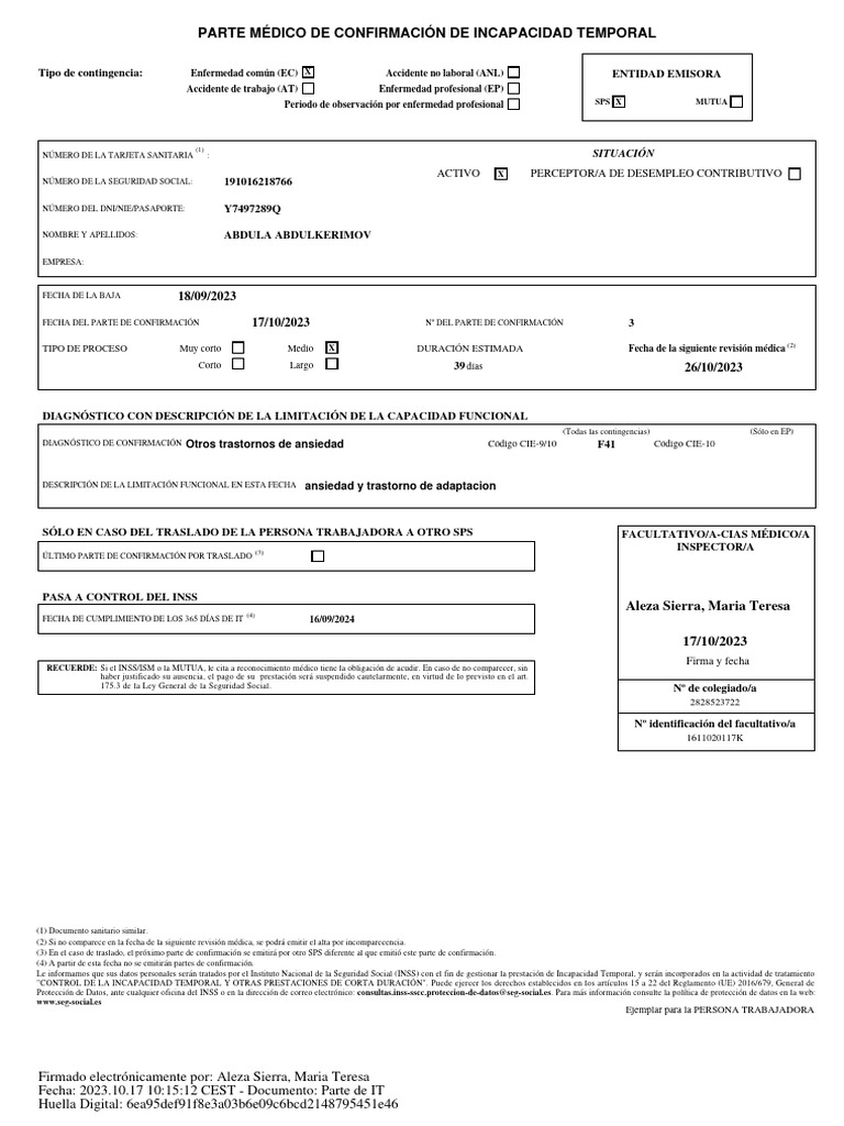 Parte Incapacidad Temporal | PDF | Bienestar