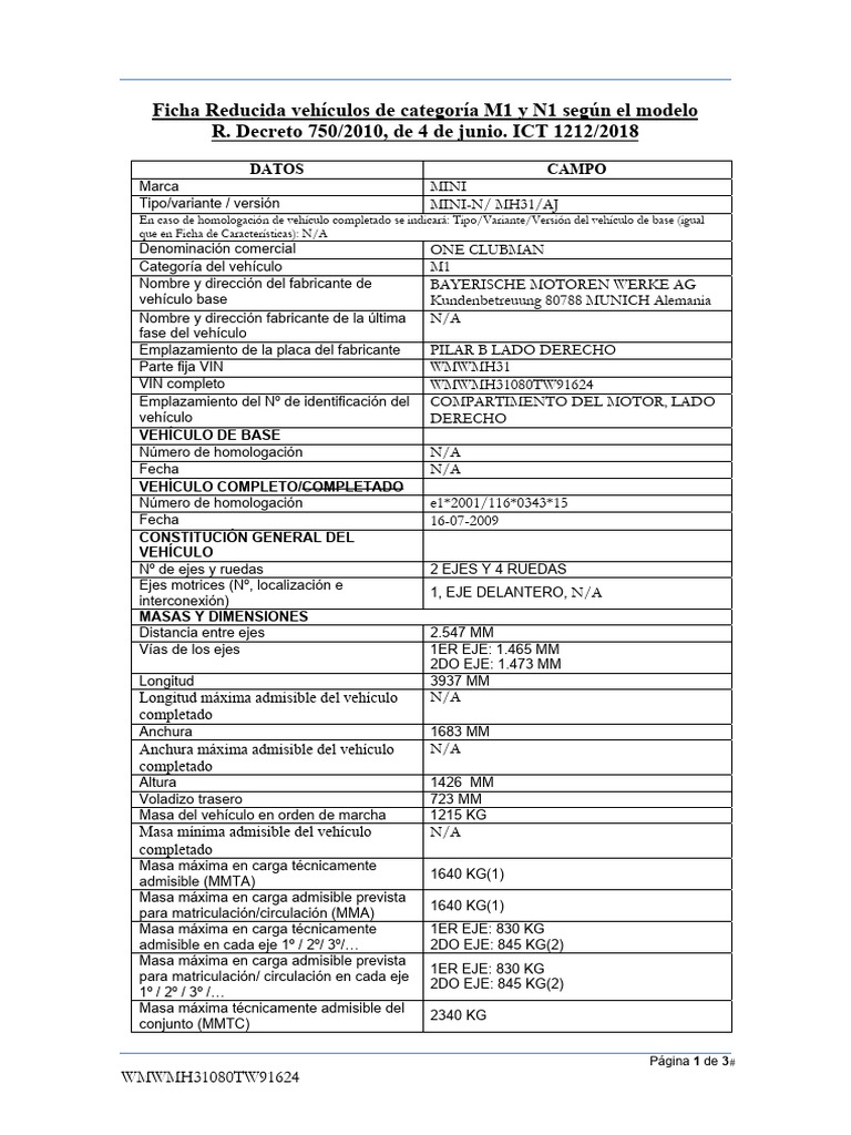 FICHA TÉCNICA REDUCIDA Mini 1624 | Descargar gratis PDF | Eje | Motores