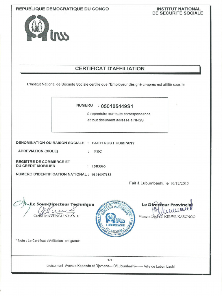 Certificat D'affiliation INSS | PDF