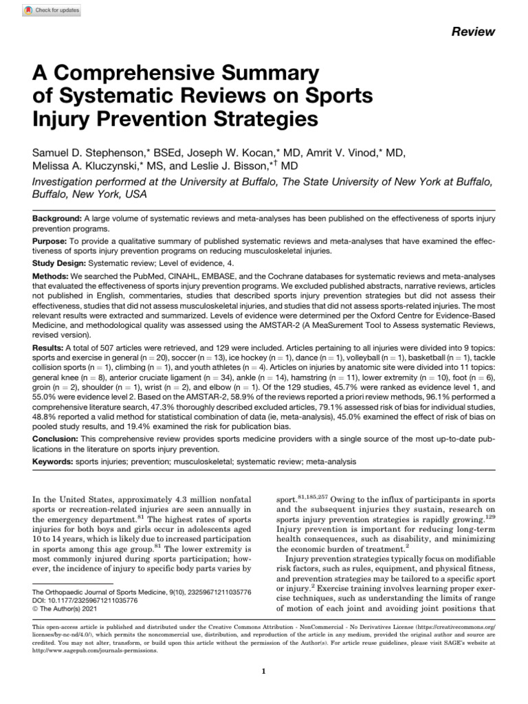 Stephenson Et Al 2021 A Comprehensive Summary of Systematic Reviews On Sports Injury Prevention ...