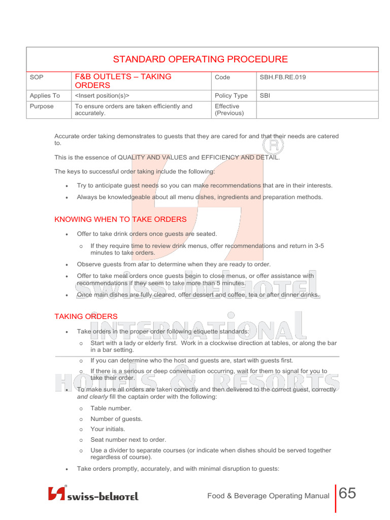 SOP Taking Order | PDF | Drink | Menu