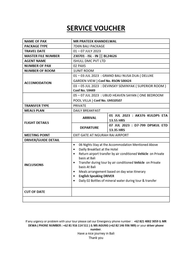 Bali 7D6N Tour Service Voucher | PDF | Bali