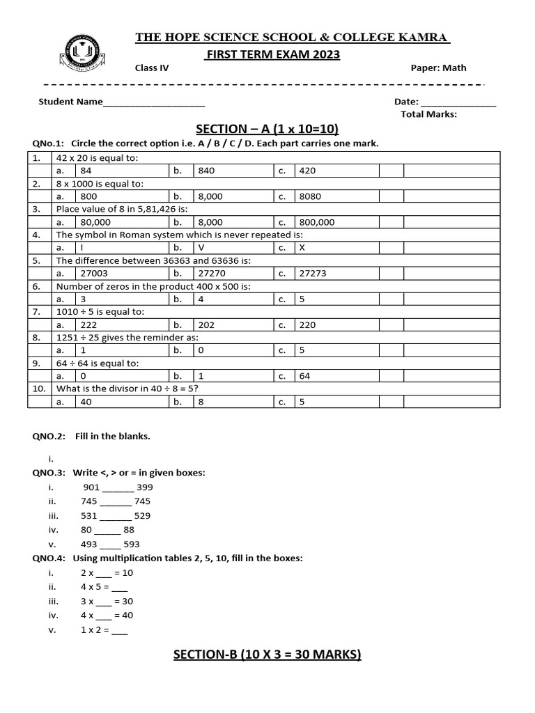 SECTION - A (1 X 10 10) : First Term Exam 2023 | PDF | Mathematics | Arithmetic