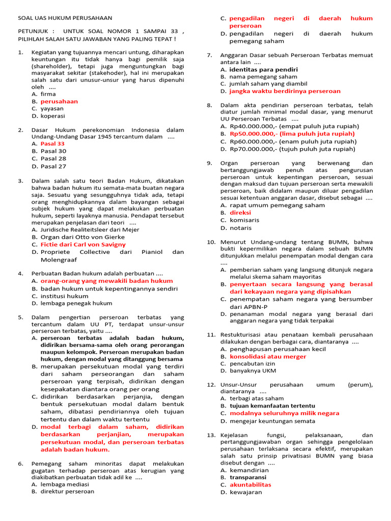 Soal Uas Hukum Perusahaan SMSTR 7 | PDF