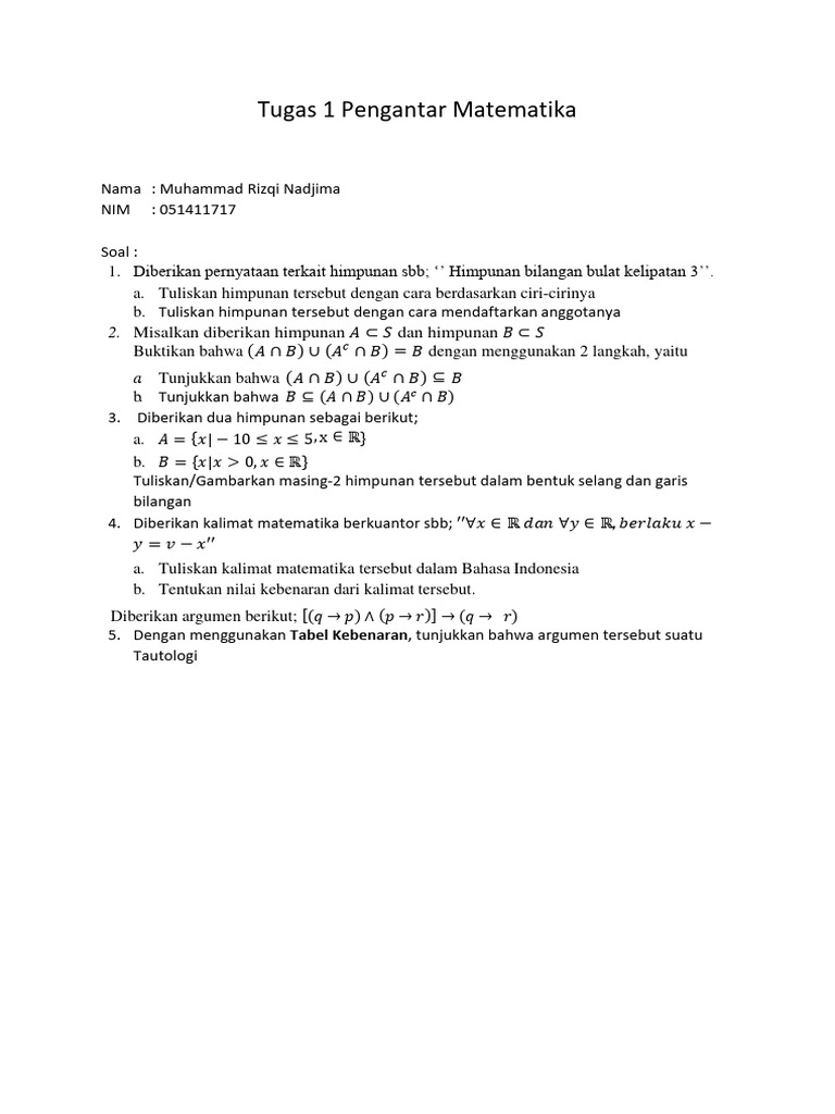 Tugas 1 Pengantar Matematika - M Rizqi Nadjima | PDF | Metode & Bahan Ajar