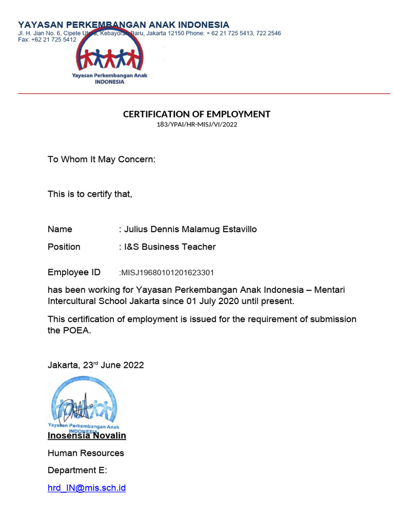 Certification of Employment - Julius Dennis (For Poea) | PDF