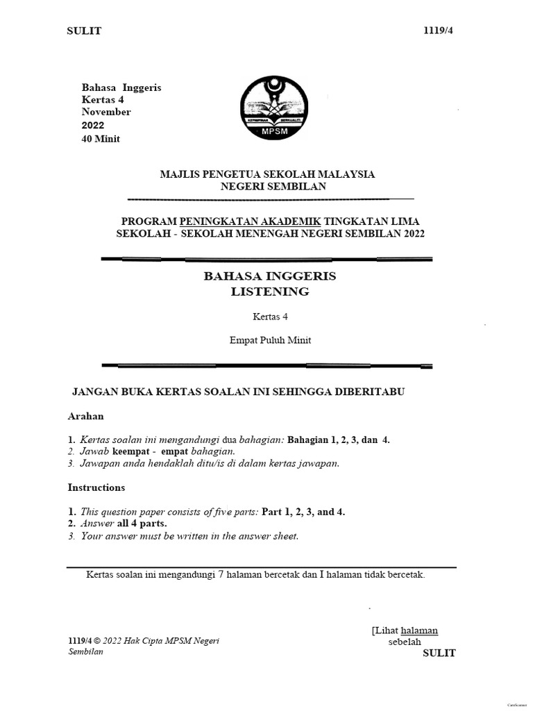 2022 Negeri - Sembilan - MPSM English K4 | PDF | Dream | Sleep