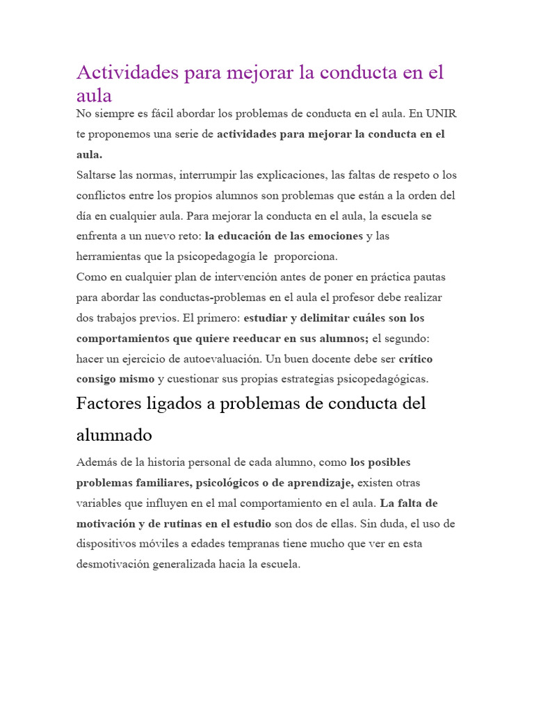 Actividades para Mejorar La Conducta | PDF | Salón de clases ...