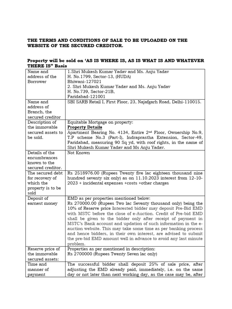 Faridabad Sec 49mukesh - Yadav - and - Ms - Manju - Yadav | PDF | Auction | Identity Document