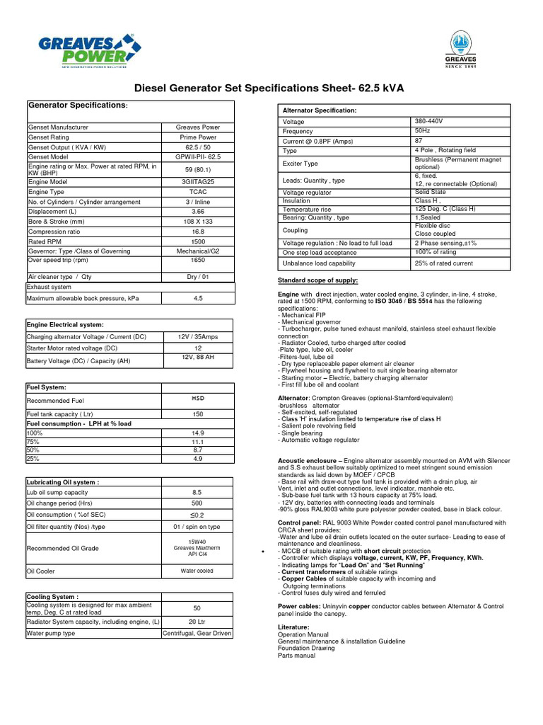 62 5 Kva Diesel Generator | PDF | Diesel Engine | Electric Generator