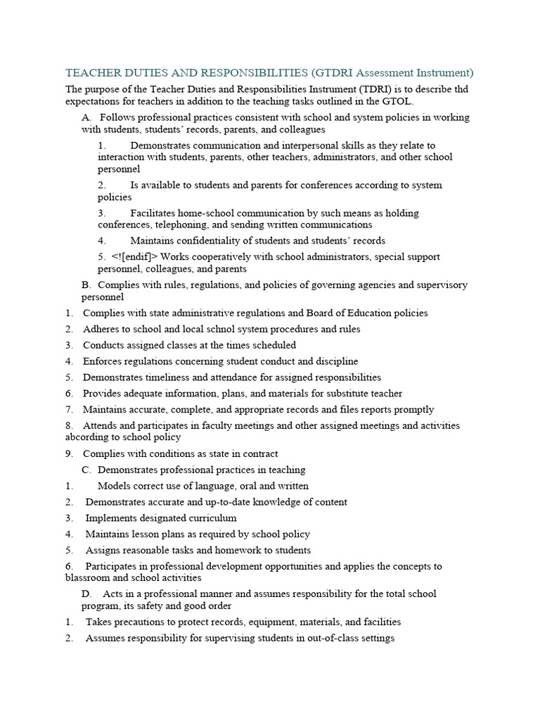 Teacher Duties and Responsibilities | PDF | Teachers | Schools