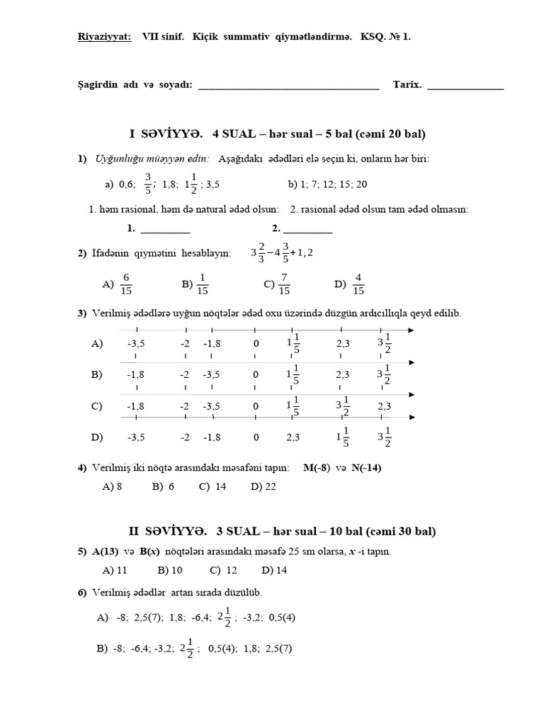 7 Sinif Riyaziyyat KSQ - 1 | PDF