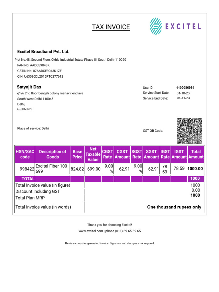Oct Wi-Fi Bill Excitel | PDF | Invoice | Public Finance