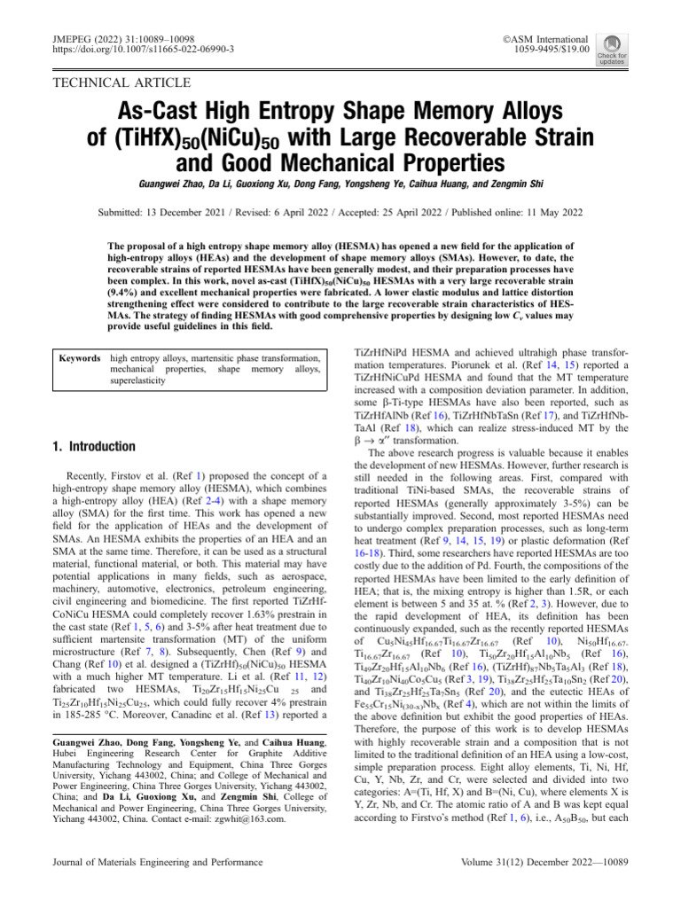 As-Cast High Entropy Shape Memory Alloys of (Tihfx) (Nicu) With Large Recoverable Strain and ...