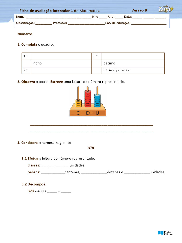 Ficha de Avaliação Intercalar 1 de Matemática - Versão B (Editável ...