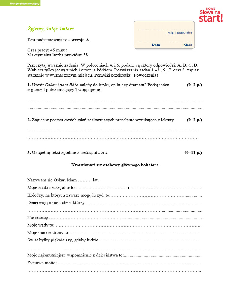 Oskar I Pani Roza Lektura Uzupelniajaca Test Podsumowujacy Wersja A | PDF