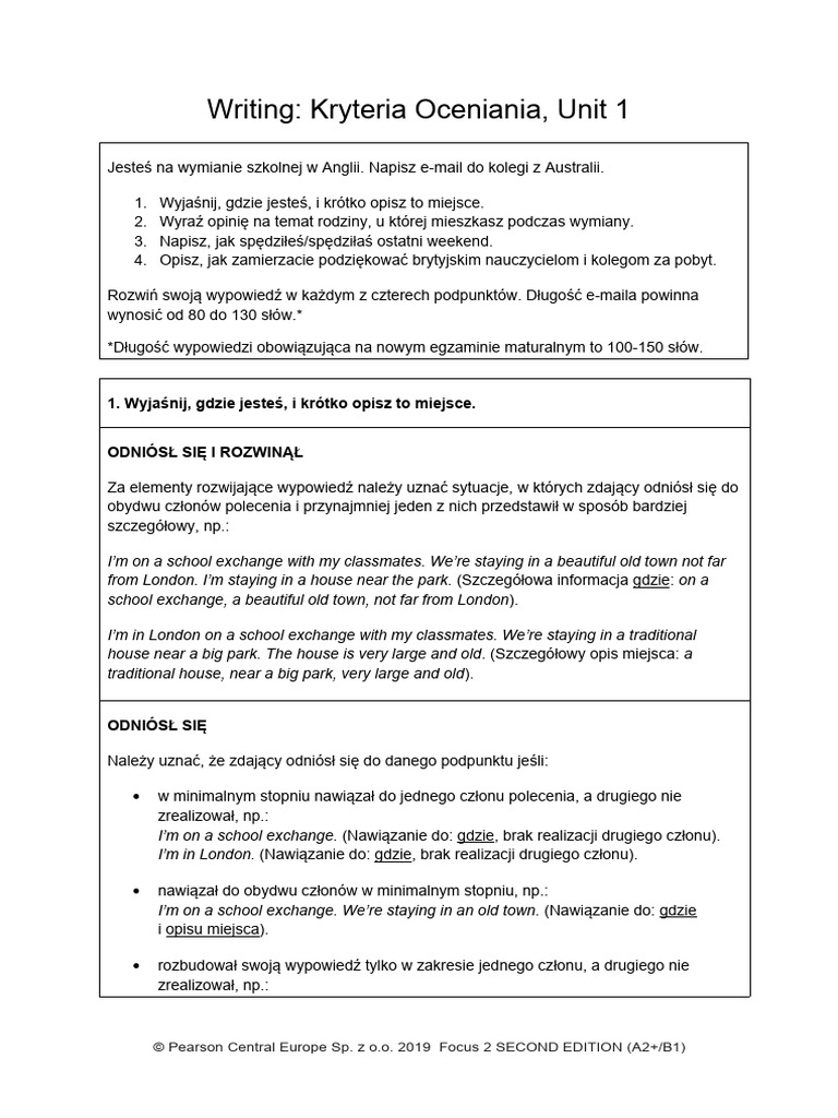 Focus 2 Kryteria Oceniania Writing Unit1 KP - Fodesign | PDF