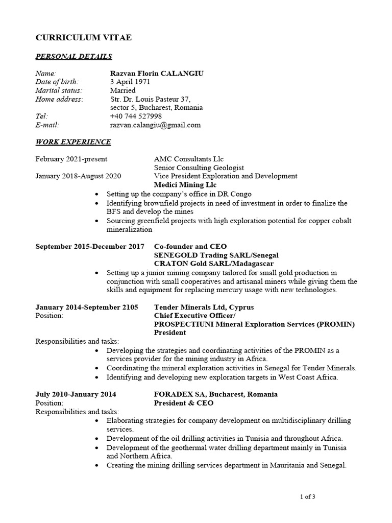 Razvan Calangiu CV 2021 | PDF | Mining | Exploration