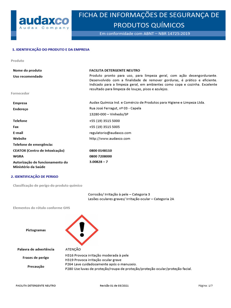 Fispq - GHS Facilita Detergente Neutro - Rev 01 | PDF | Ciências Físicas | Química