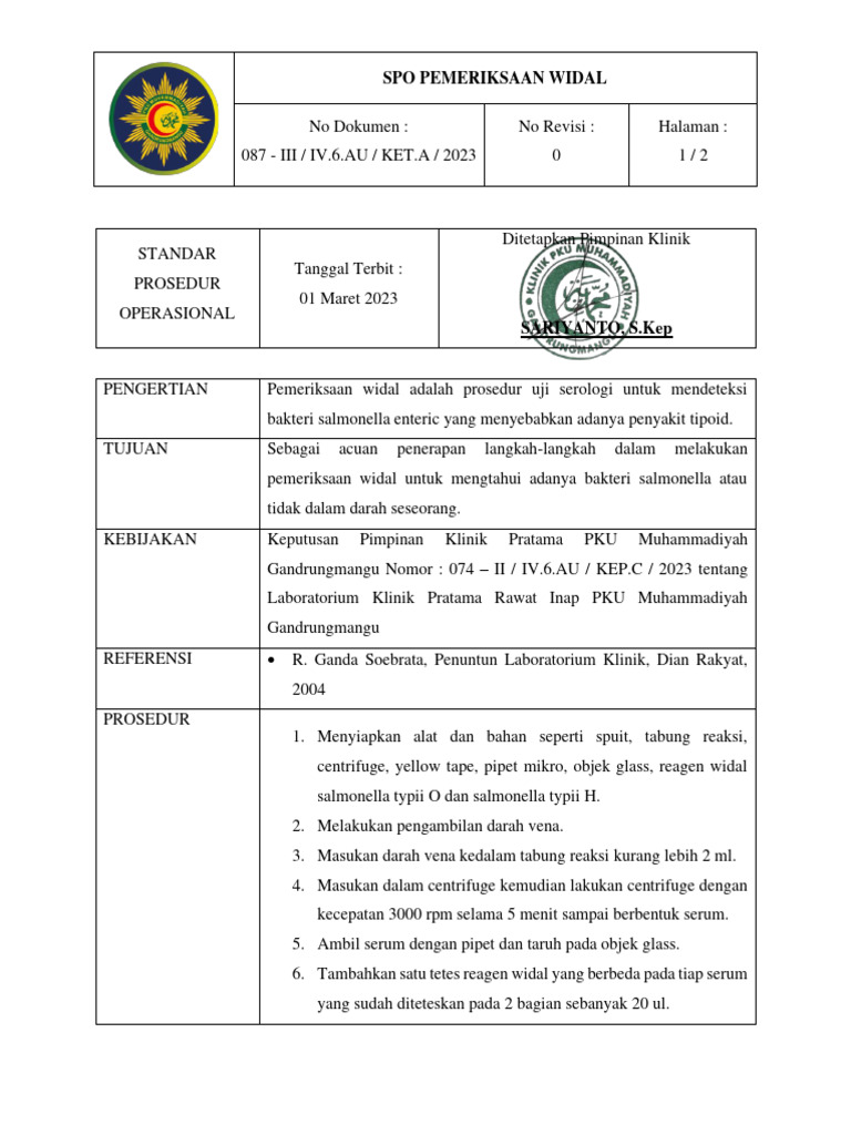 SPO Pemeriksaan Widal | PDF