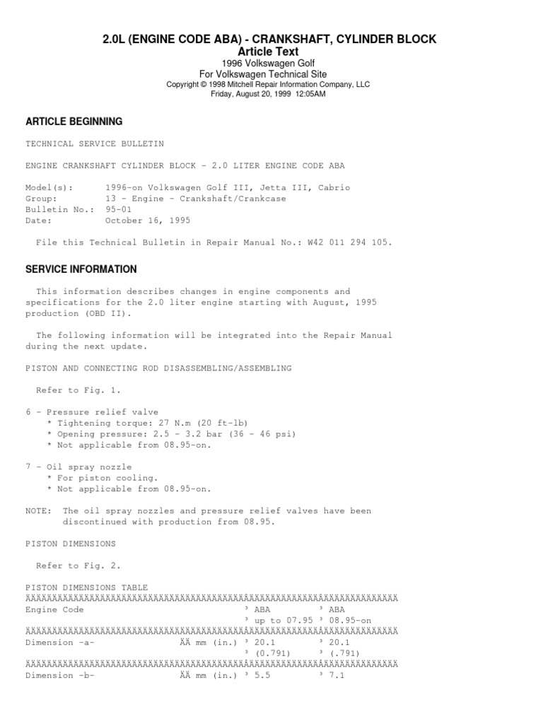 2.0L (Engine Code Aba) - Crankshaft, Cylinder Block Article Text | PDF