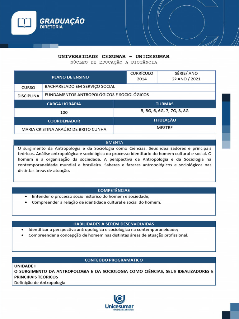 Universidade Cesumar - Unicesumar: Plano de Ensino | PDF | Sociologia ...