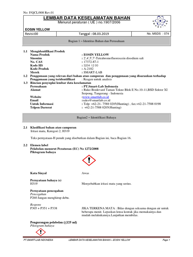 Msds Eosin Yellow (Indo) | PDF