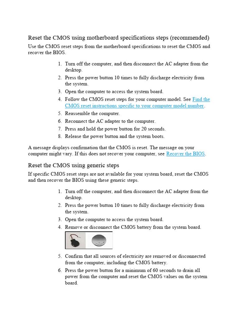 CMOS Reset and BIOS Recovery Guide | PDF | Bios | Booting