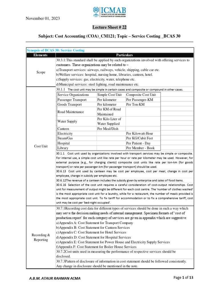 COA - Lecture Sheet # 22 - BCAS 30 - Service Costing | PDF | Transport | Economies