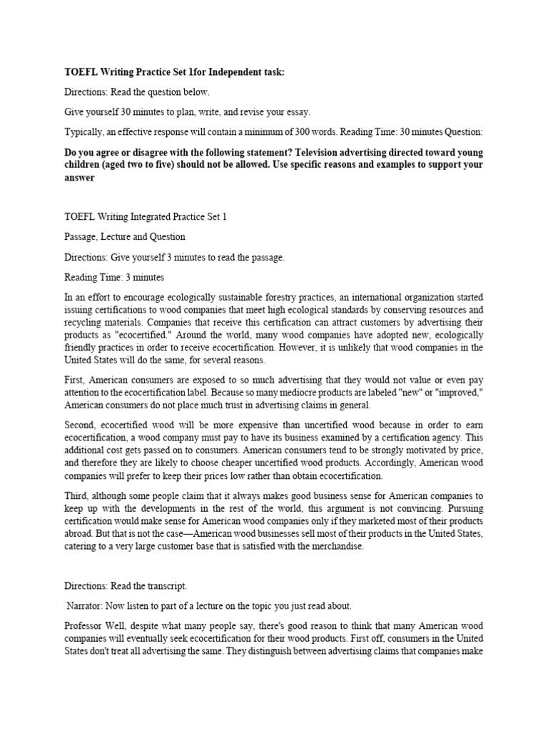 1613025170TOEFL Writing Practice For Independent and Integrated Tasks | PDF | Advertising | Prices