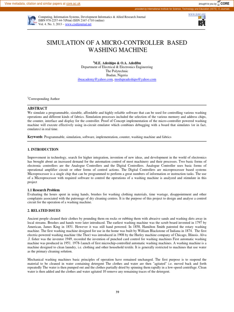 Simulation of A Micro-Controller Based Washing Machine: M.E. Adeshipo & O.A. Adedibu | PDF ...