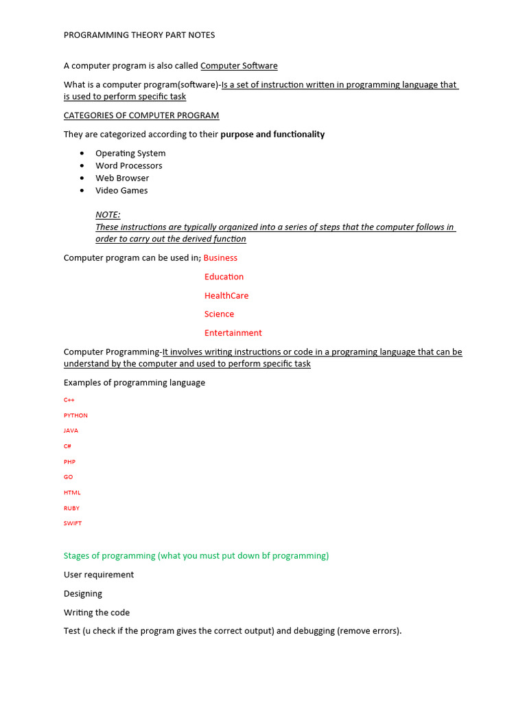 Programming Shote Notes | PDF | Computer Programming | Programming Programming Shote Notes | PDF | Computer Programming | Programming