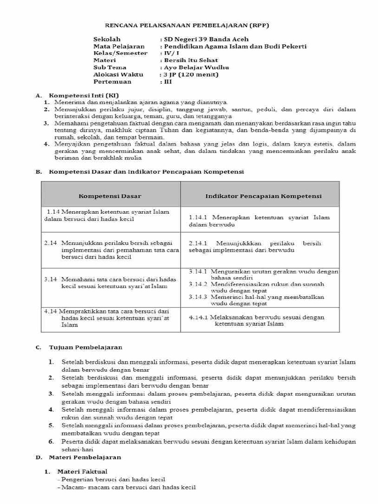 RPP Wudhu. | PDF