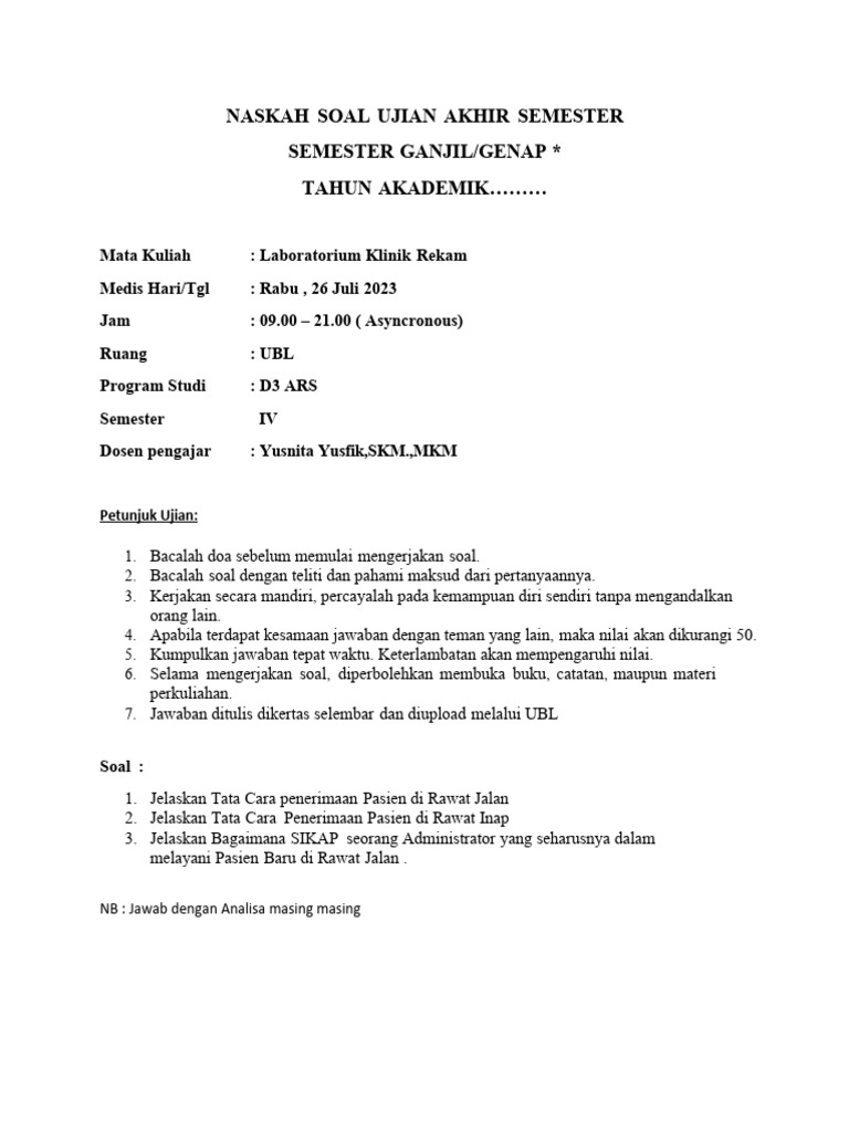 ARS - 4 Soal UAS Laboratorium Klinik Rekam Medis | PDF ARS - 4 Soal UAS Laboratorium Klinik Rekam Medis | PDF