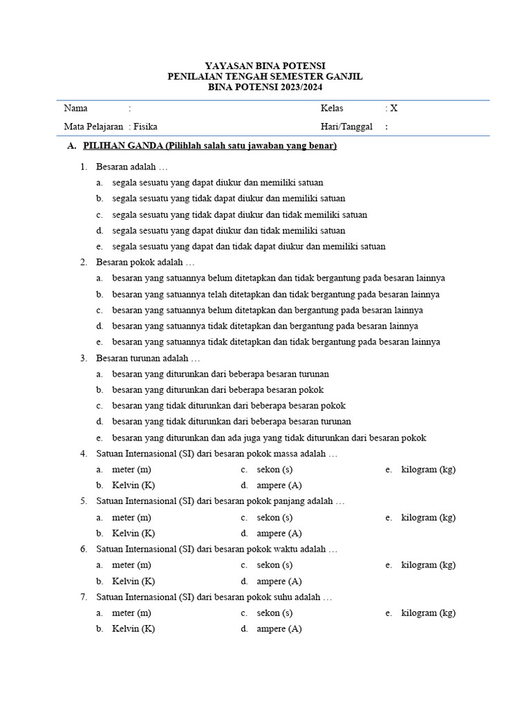 PTS Ganjil Fisika X TP 2023-2024 | PDF