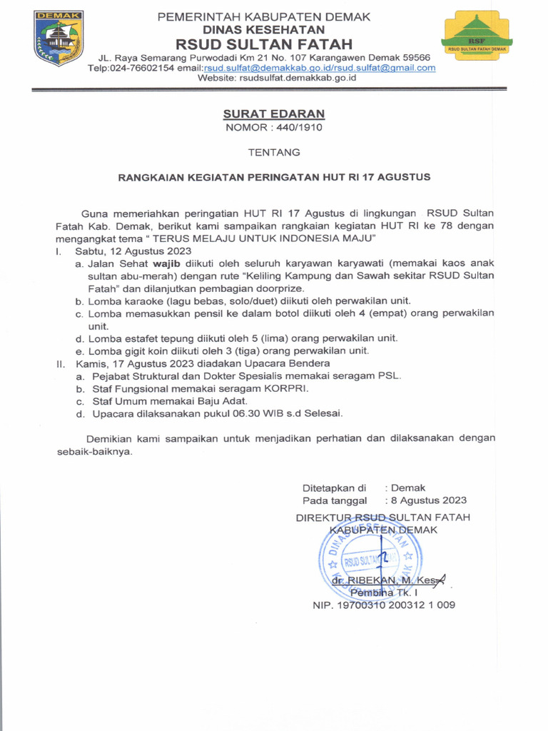 Surat Edaran Rangkaian Kegiatan Peringatan Hut Ri 17 Agustus | PDF