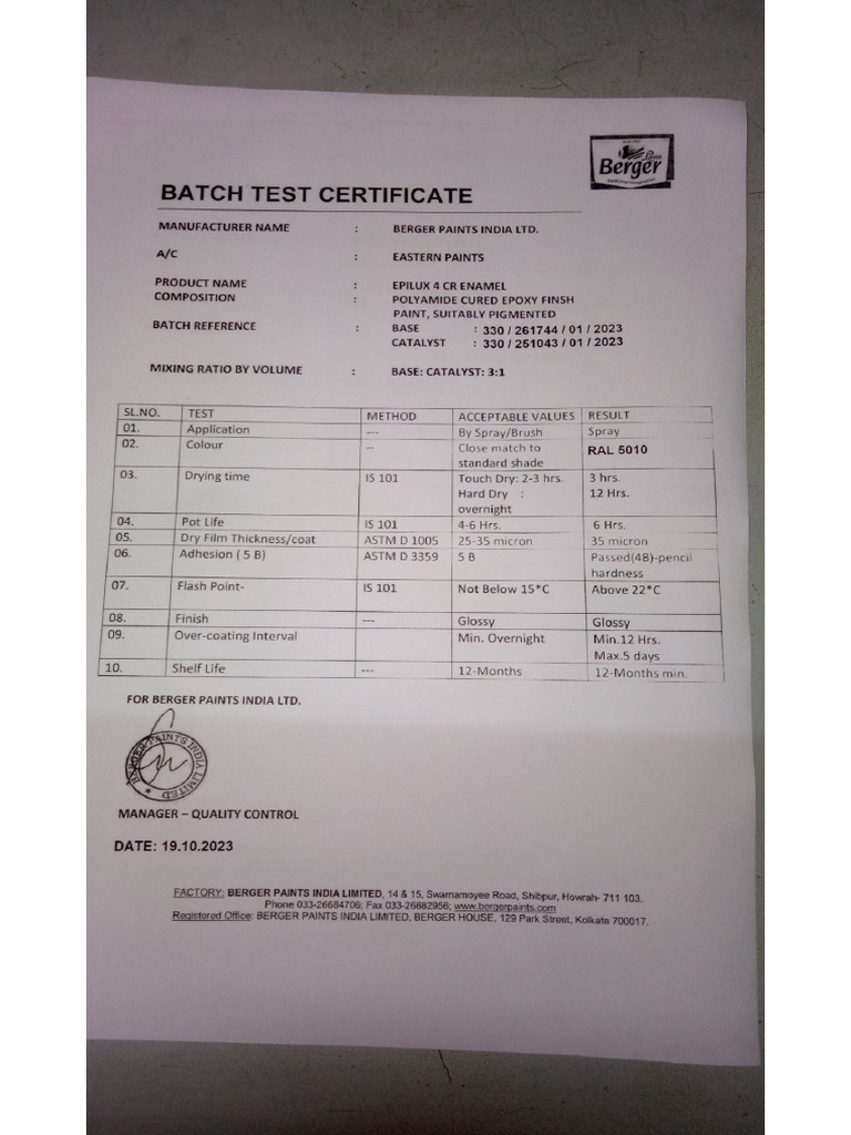 Paint Test Certificate | PDF