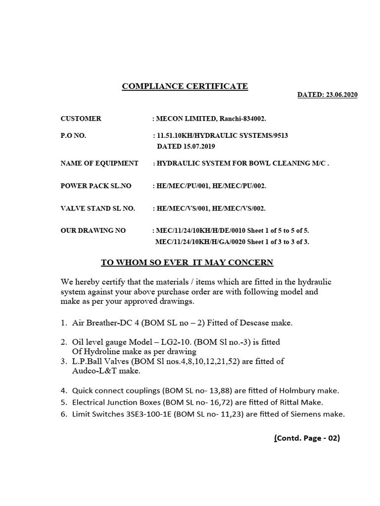 Hydraulic System Compliance Certificate | PDF | Machines | Hydraulics