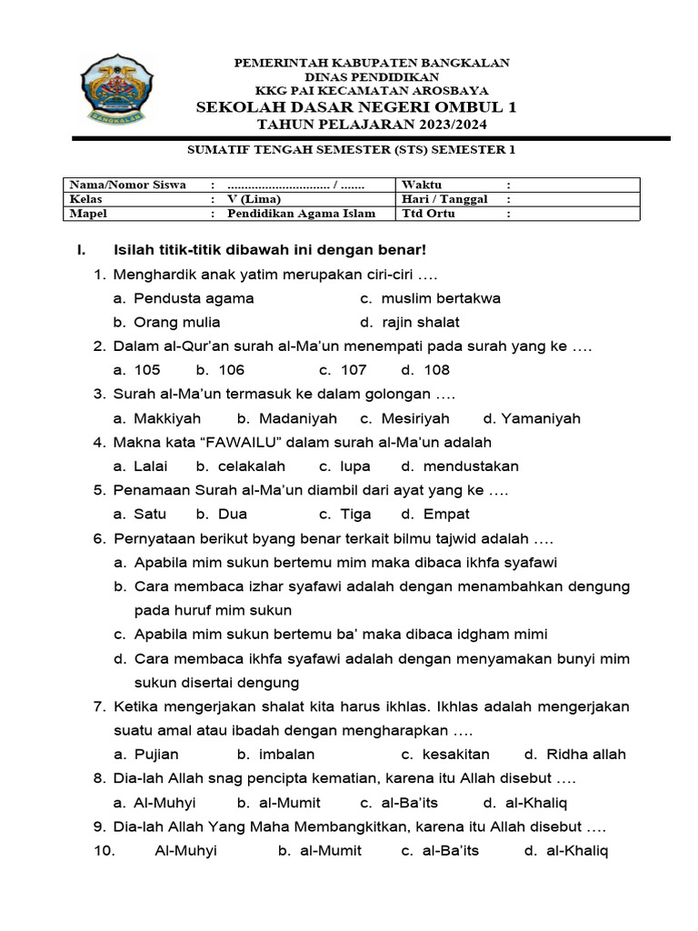 Soal Pts Kelas 5 SMT 1 | PDF