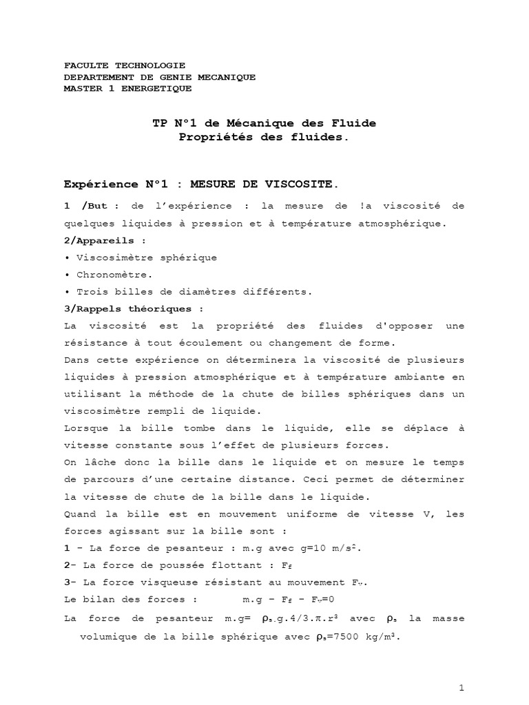 Mesure de viscosité des fluides en TP | PDF | Viscosité | Vitesse