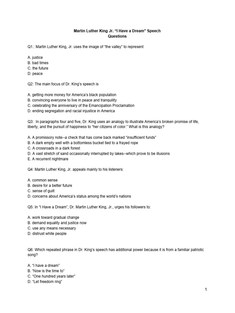 "I Have a Dream" Speech Questions | PDF | Martin Luther King Jr.