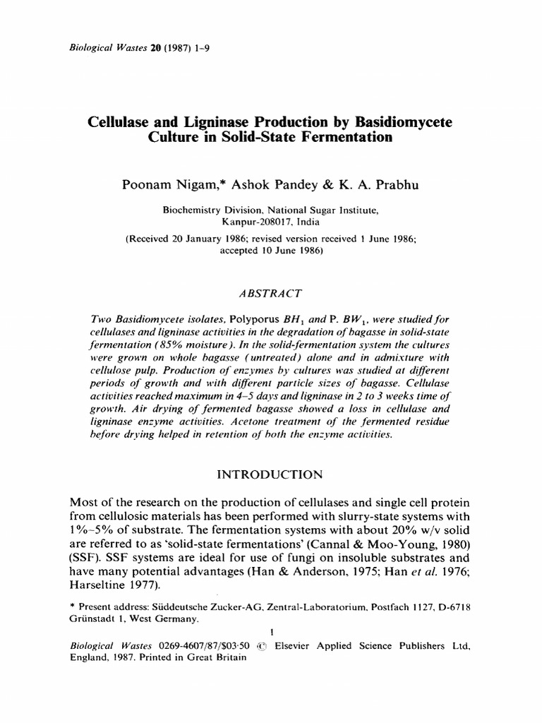 Cellulase And Ligninase Production By Basidiomycete Culture In Solid State Fermentation Pdf