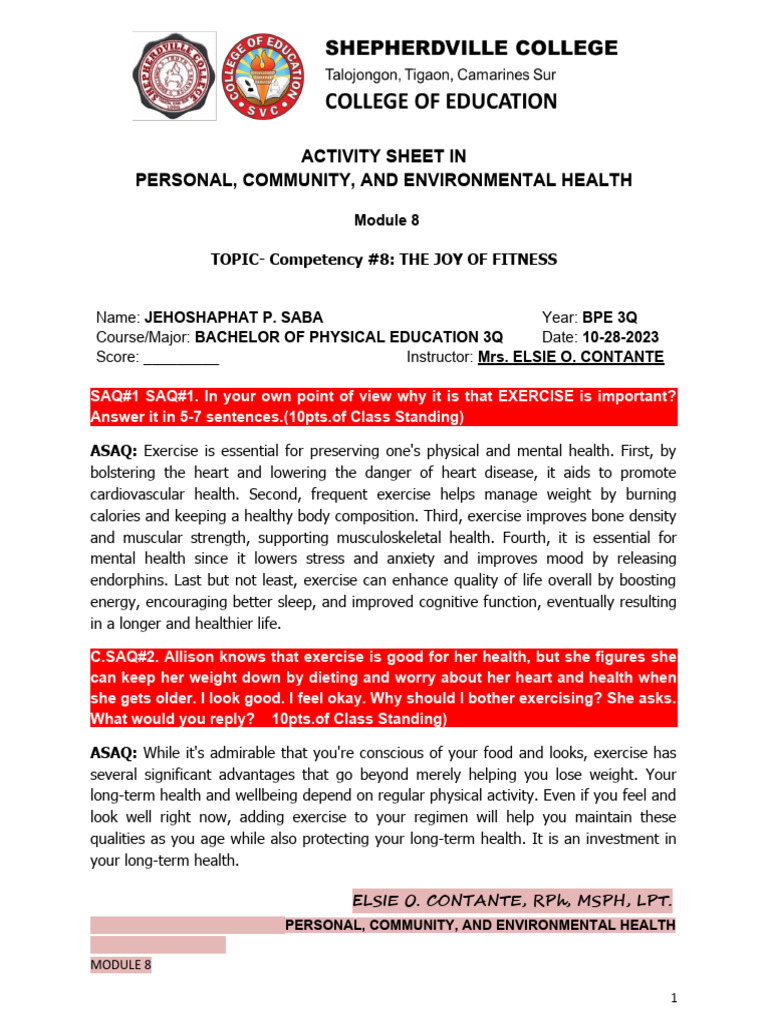 The Joy of Fitness: Activity Sheet | PDF | Physical Fitness ...