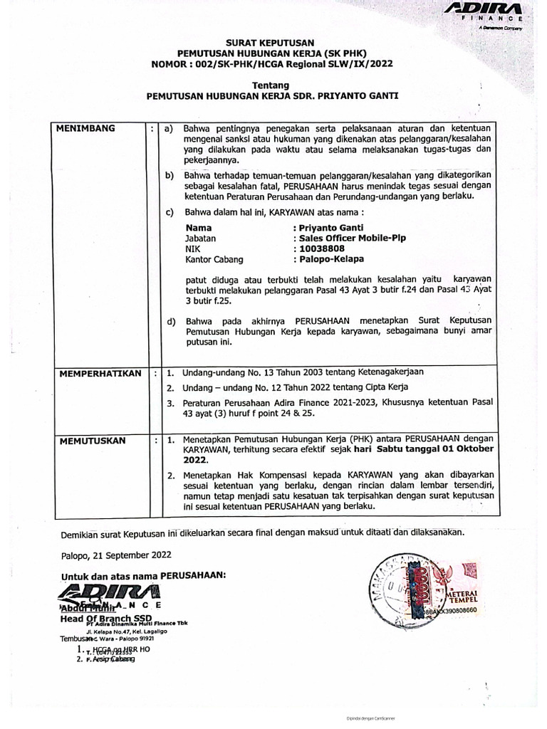 Surat Pemutusan Hubungan Kerja | PDF