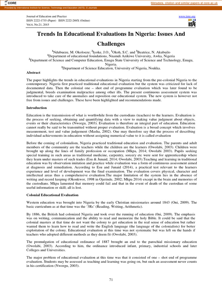 Trends in Educational Evaluations in Nigeria: Issues and Challenges | PDF | Teachers | Evaluation