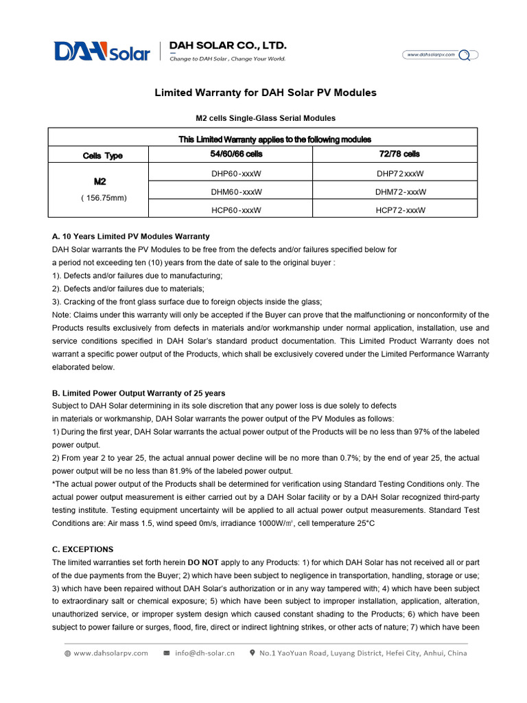 Limited Warranty (M2 Single-Glass Serial) | PDF | Photovoltaics | Solar ...