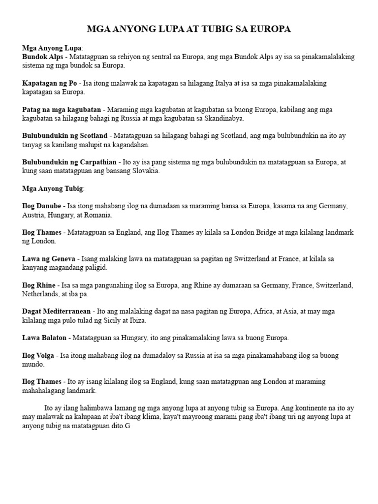 Mga Anyong Lupa at Tubig Sa Europa | PDF