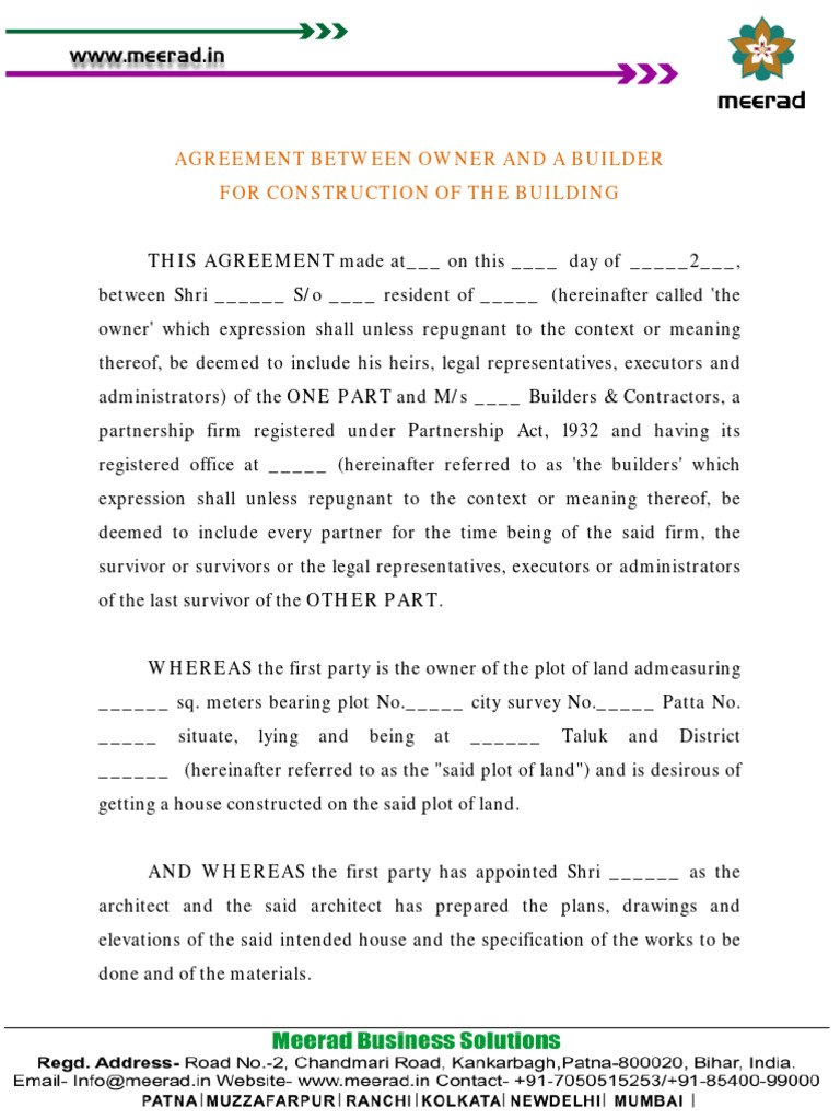 Building Construction Agreement Between Builder and Landlord | PDF ...