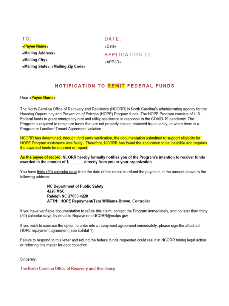 North Carolina Recovery Letter Example | PDF