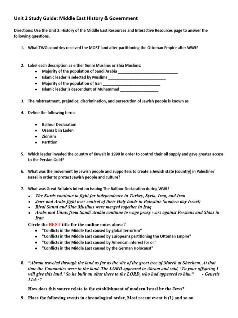 Unit 2 Study Guide History and Government | PDF | Middle East | Israel
